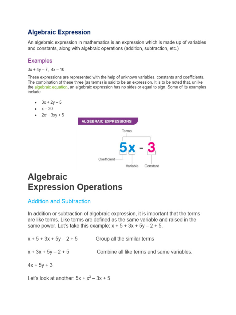 Algebraic Expression Operations | PDF