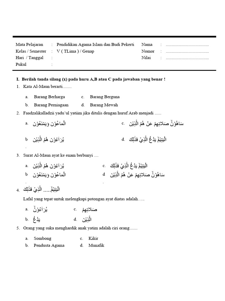 Soal Pai PTS Kelas 5 2022 Genap | PDF