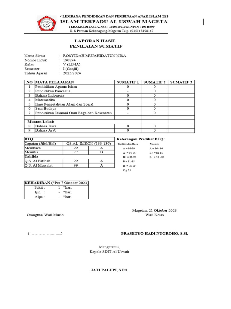 Rapot PTS Ganjil Kelas 5 | PDF