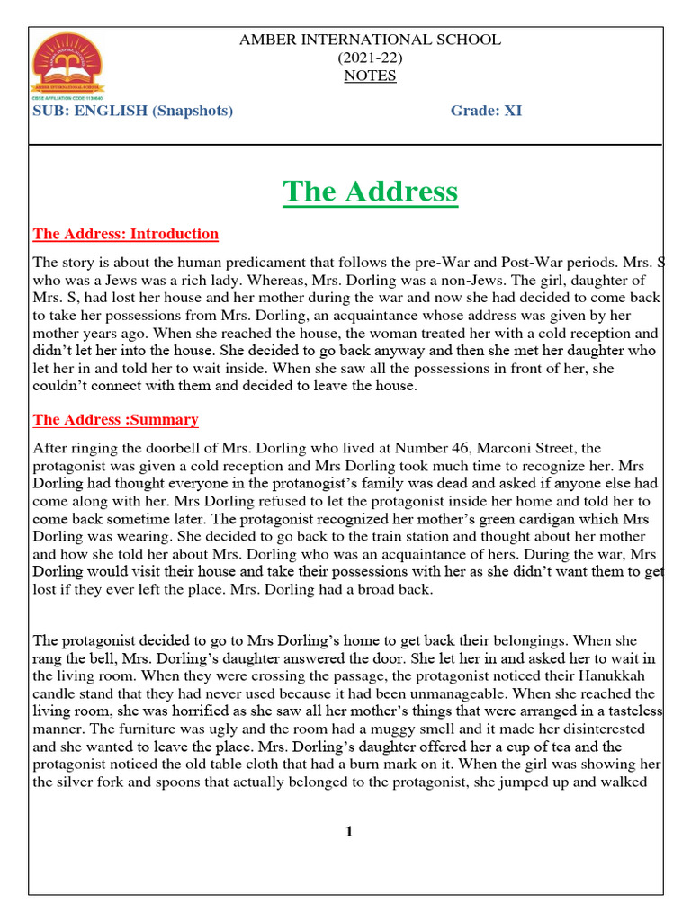 Grade 11 - Notes - The Address | PDF