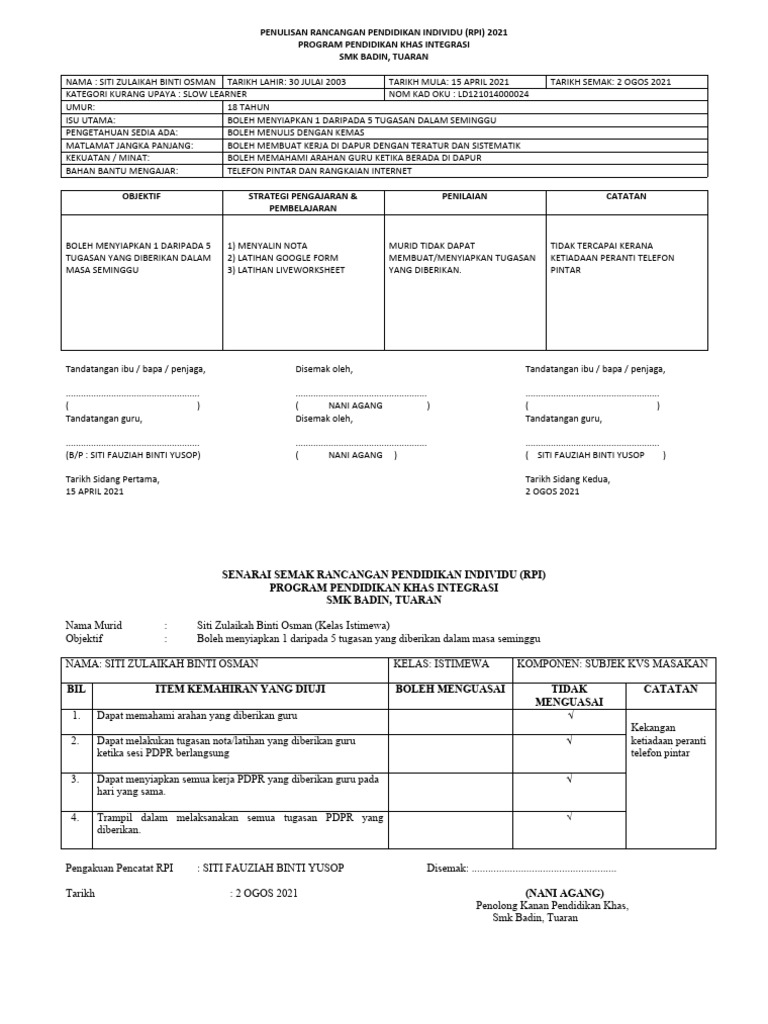 Contoh Rpi Zulaikah | PDF