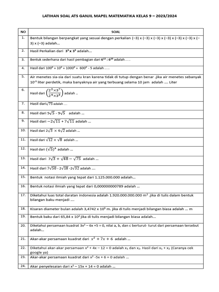 Latihan Soal Ats Ganjil Mapel Matematika Kelas 9 | PDF