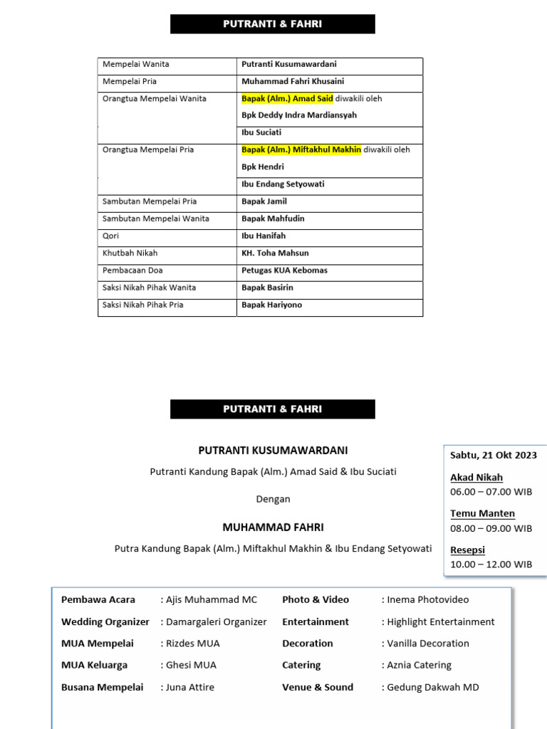 Cue Card MC Wedding Akad Resepsi | PDF