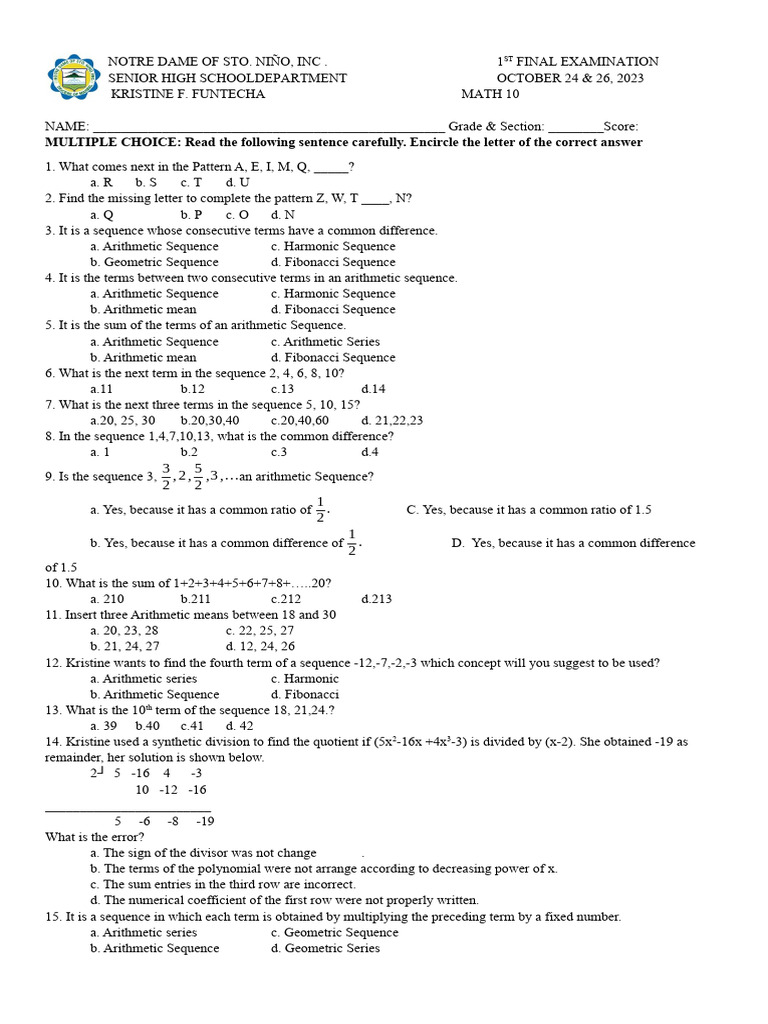 FINAL Exam MATH10 | PDF