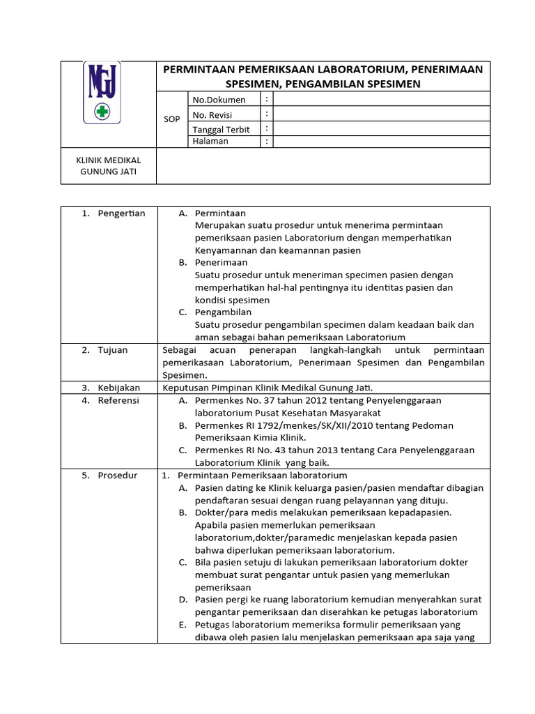 SOP Laboratorium: Permintaan & Pengambilan Spesimen | PDF
