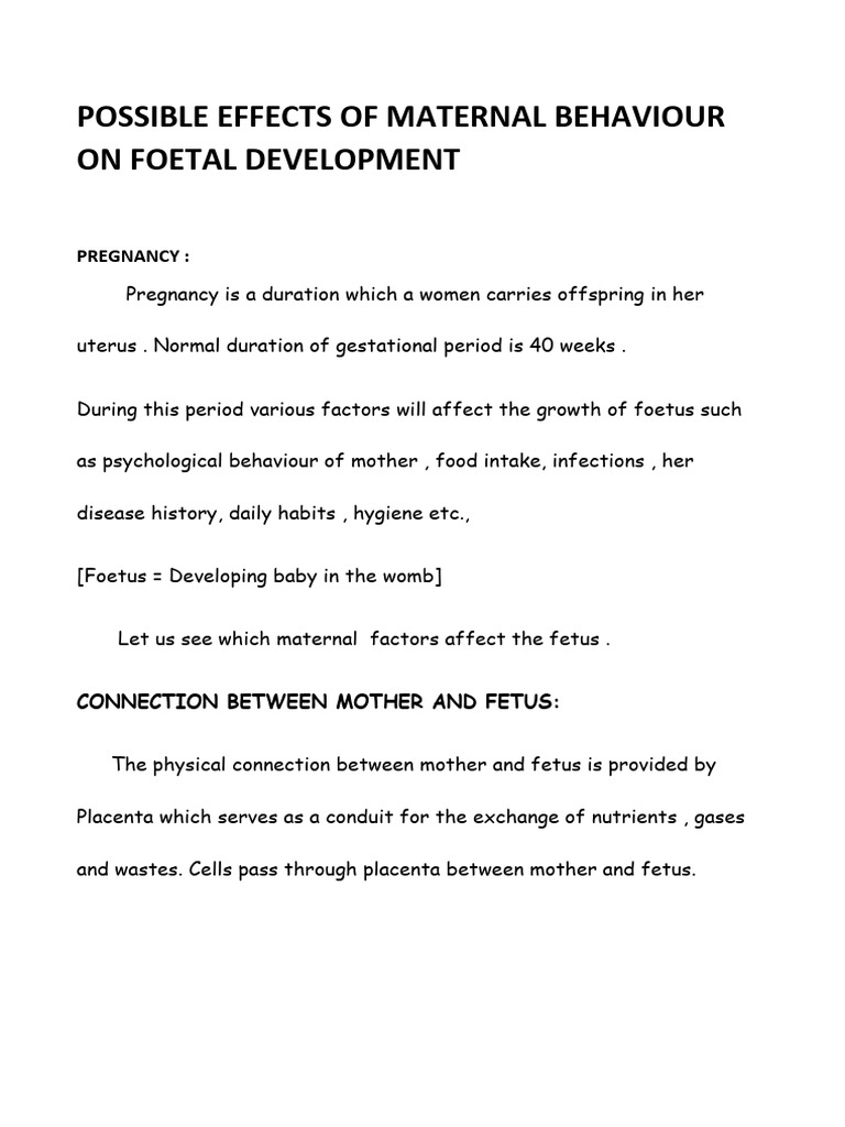 Possible Effects of Maternal Behaviour On Foetal Development | PDF