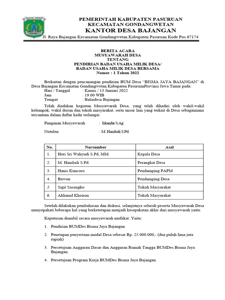 Berita Acara Musdes (1) - 120102 | PDF