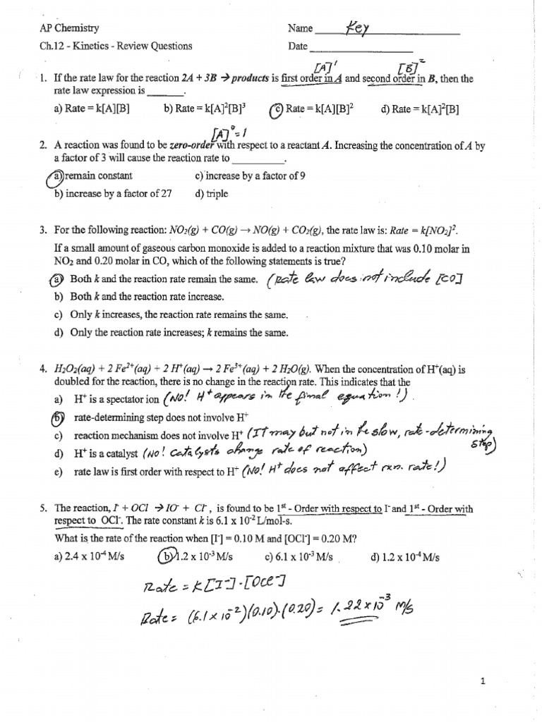 AP Chem Kinetics MC FR Review - Key | PDF