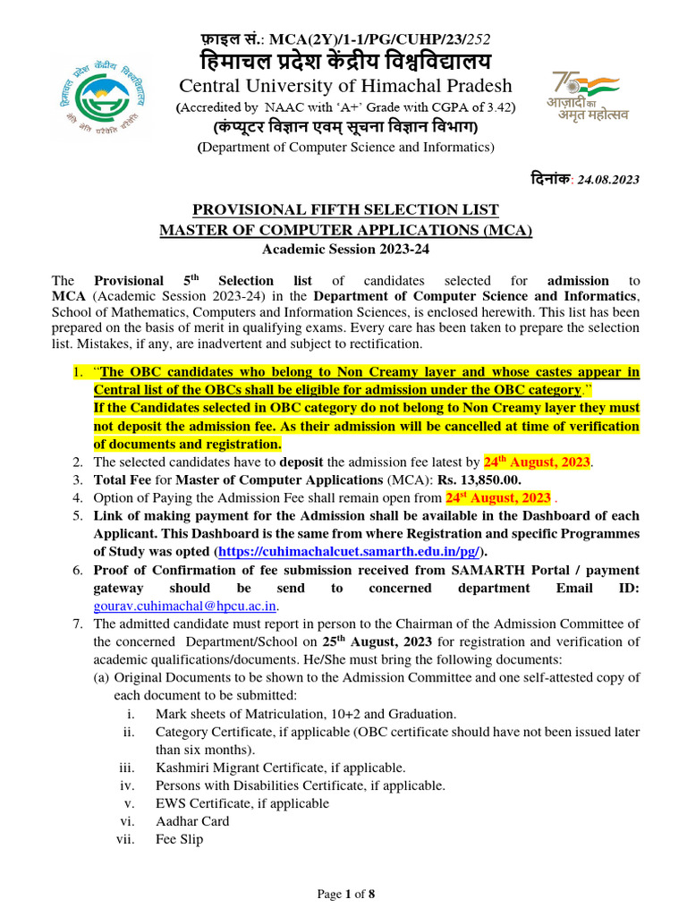 MCA Provisional 5th Selection List 2023 | PDF