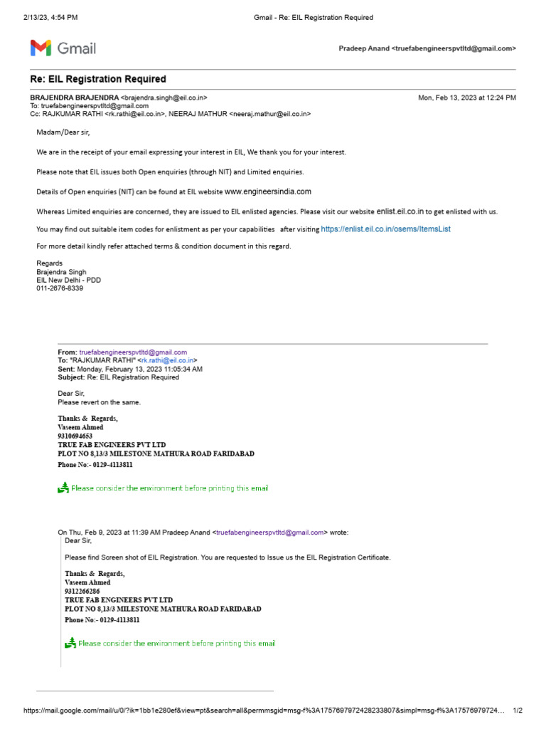 Gmail - Re - EIL Registration Required | PDF