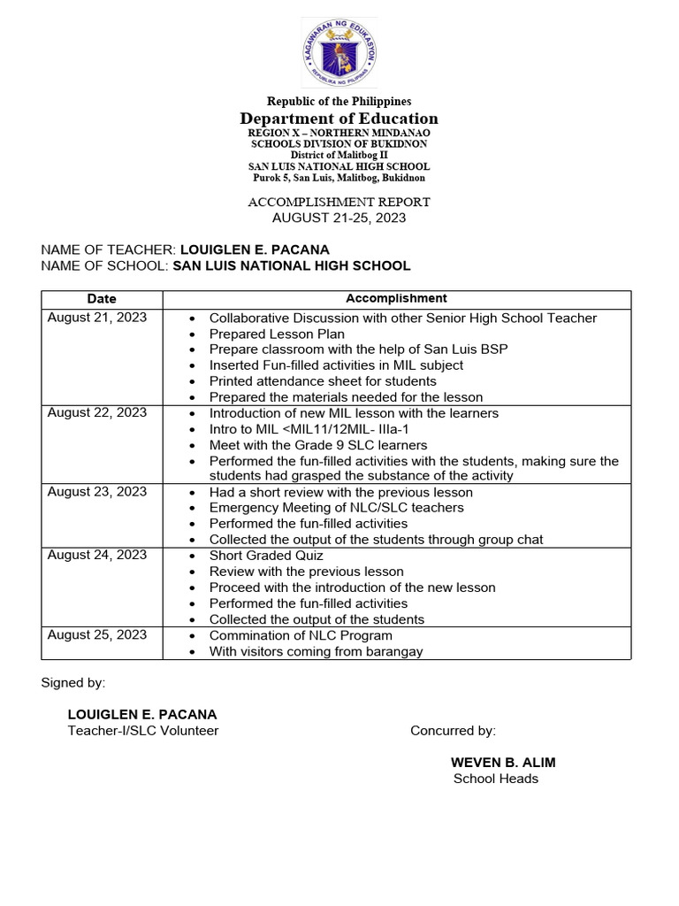 Accomplishment-Report - SLC - August 21-25 | PDF | Cognitive Science ...