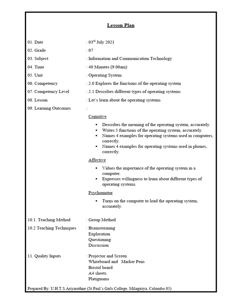 Lesson Plan Operating Systems Pdf