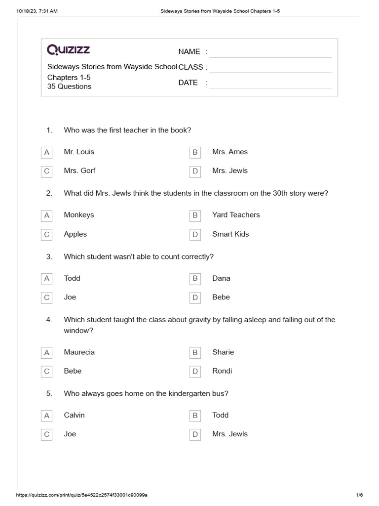 Sideways Stories From Wayside School Chapters 1-5 | PDF