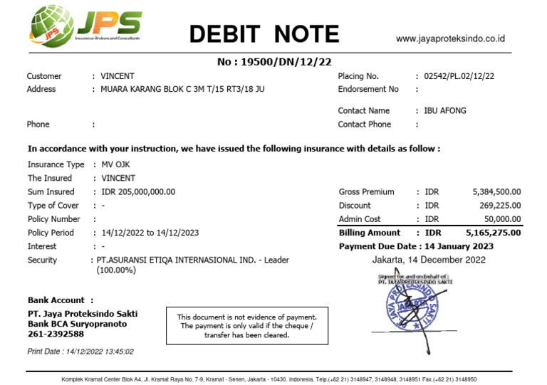 MV OJK Insurance Debit Note | PDF | Banking Technology | Corporations