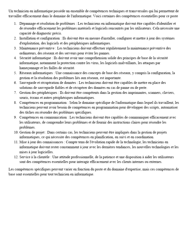 Compétences clés d'un technicien informatique | PDF