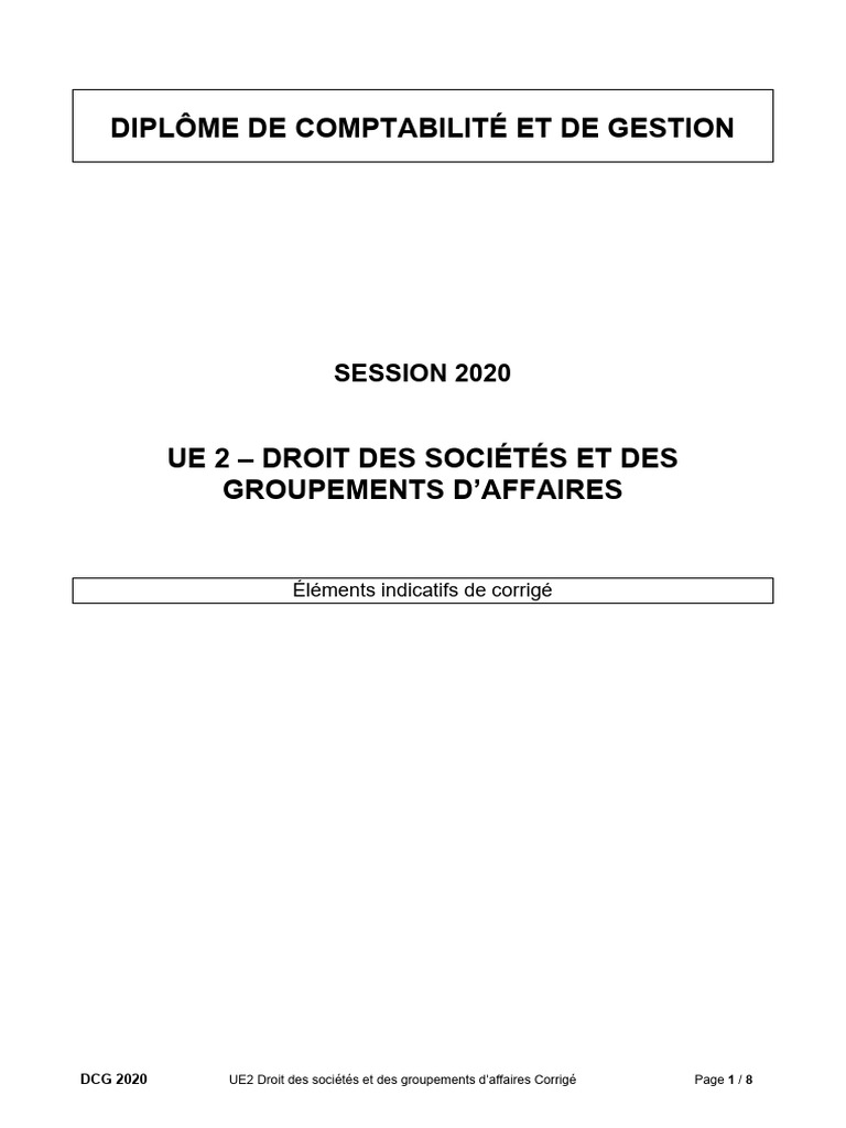 Corrige 2020 DCG Ue2 Droit Des Societe CRCF | PDF Corrige 2020 DCG Ue2 Droit Des Societe CRCF | PDF