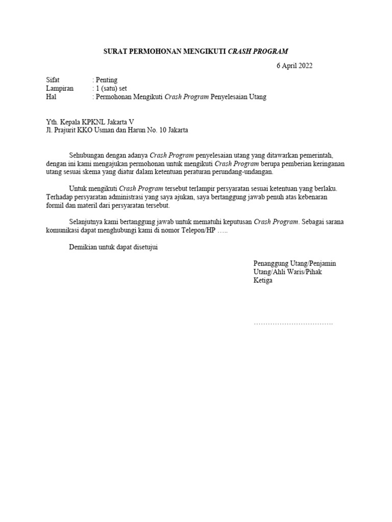 Surat Permohonan Mengikuti Crash Program | PDF | Bisnis