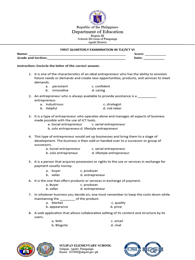 Tle Ict 6 Melc Based First Periodic Exam | PDF