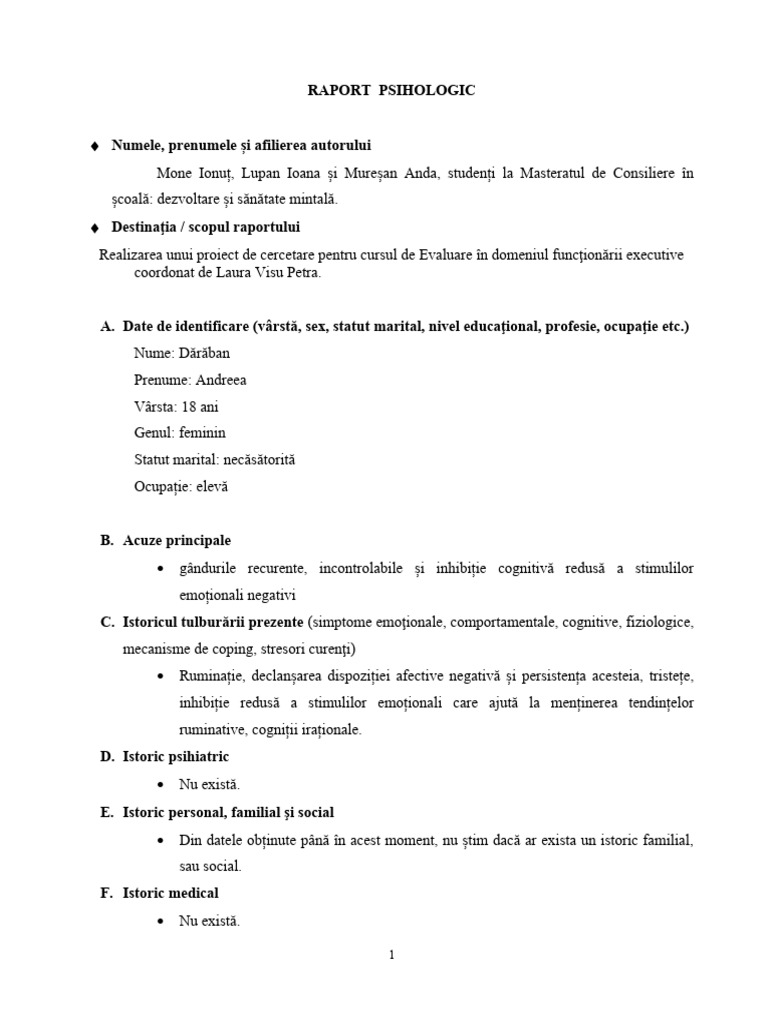 Raport Psihologic Proiect Visu-Petra | PDF