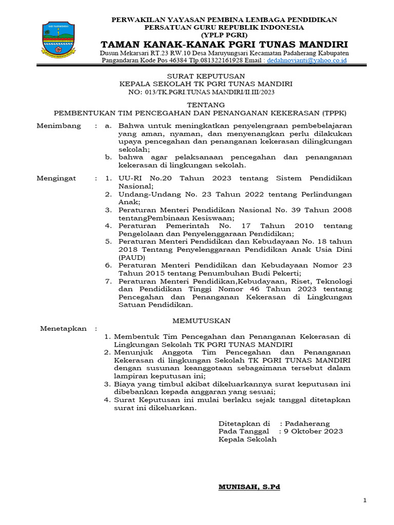 SK Pemebentukan Tim Pencegahan Dan Penanganan Kekerasan (TPPK) | PDF