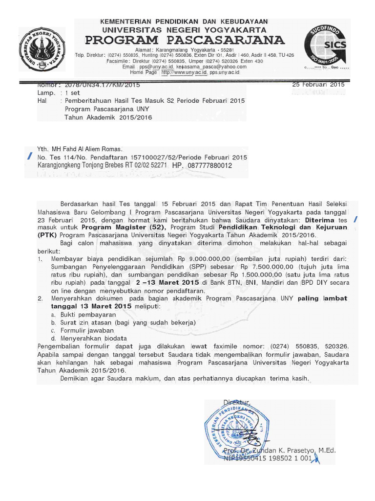 Pemberitahuan Hasil Tes Masuk S2 UNY | PDF