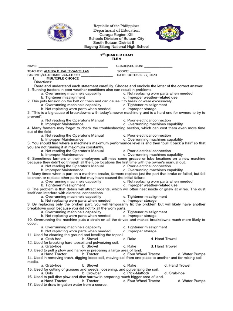 1st Exam in TLE 9 (Agricrop) | PDF