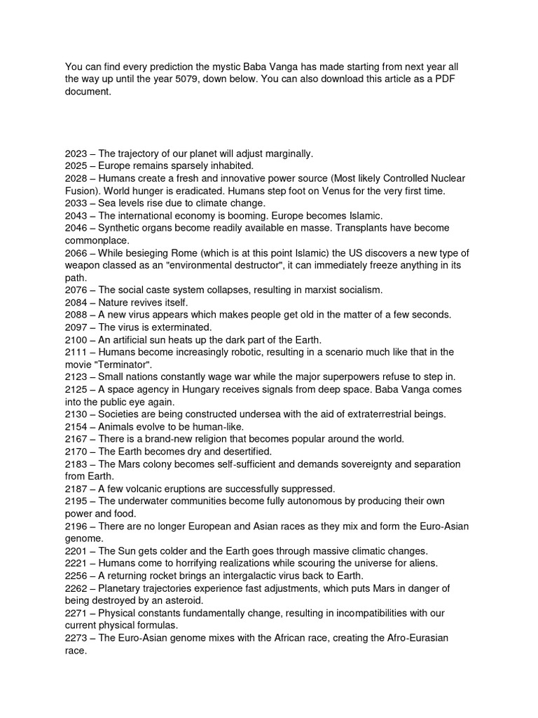 Baba Vanga Prediction List by Year | PDF