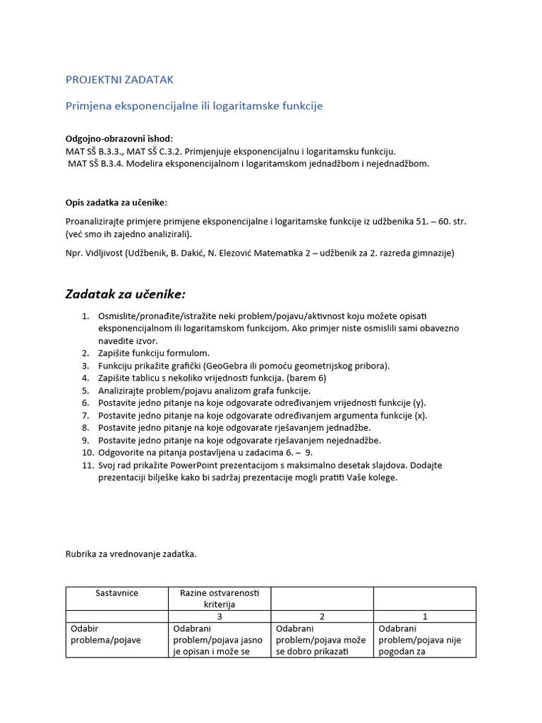 Projektni Zadatak Eksponencijalna I Logaritamska Funkcija | PDF