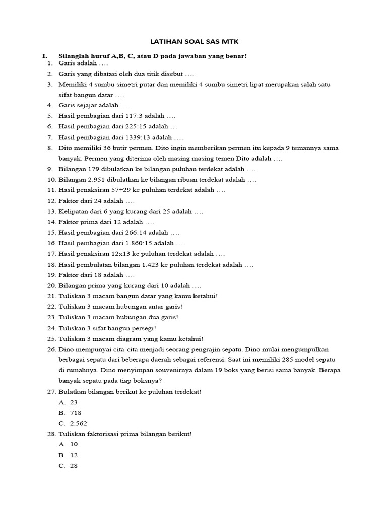 Latihan Soal Sas MTK Kelas 4 | PDF