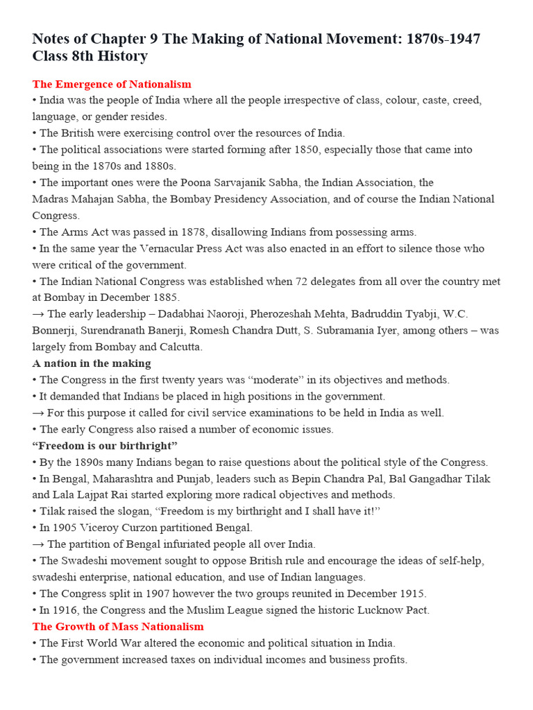 Notes of Chapter 9 The Making of National Movement Study Ranker | PDF ...
