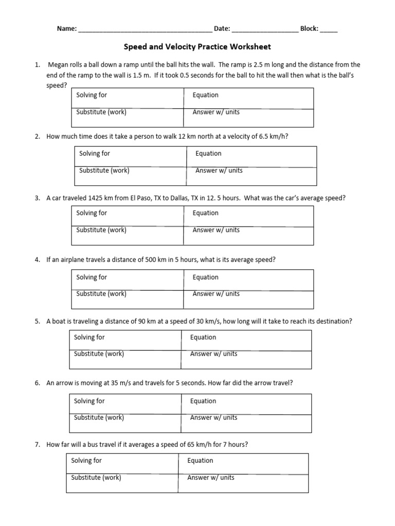 Speed and Velocity Worksheet 1 | PDF
