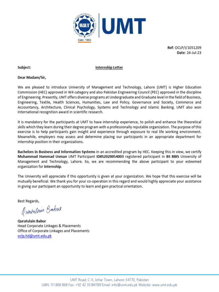 UMT Internship Letter | PDF
