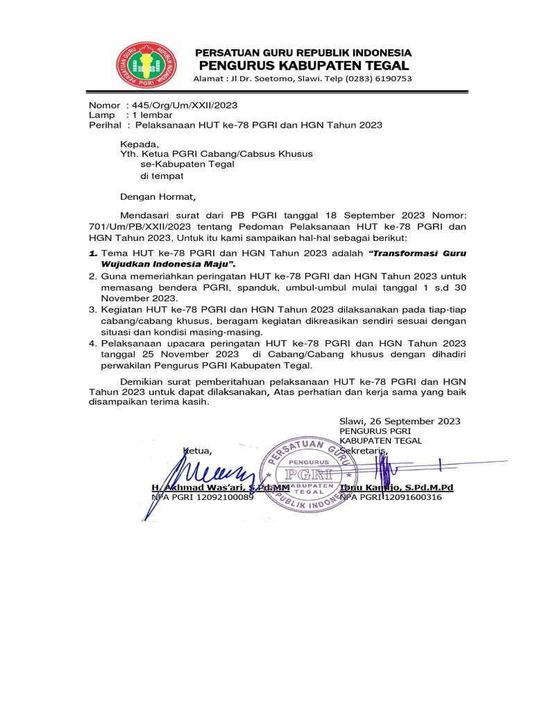 HUT PGRI 78 Dan HGN 2023 | PDF