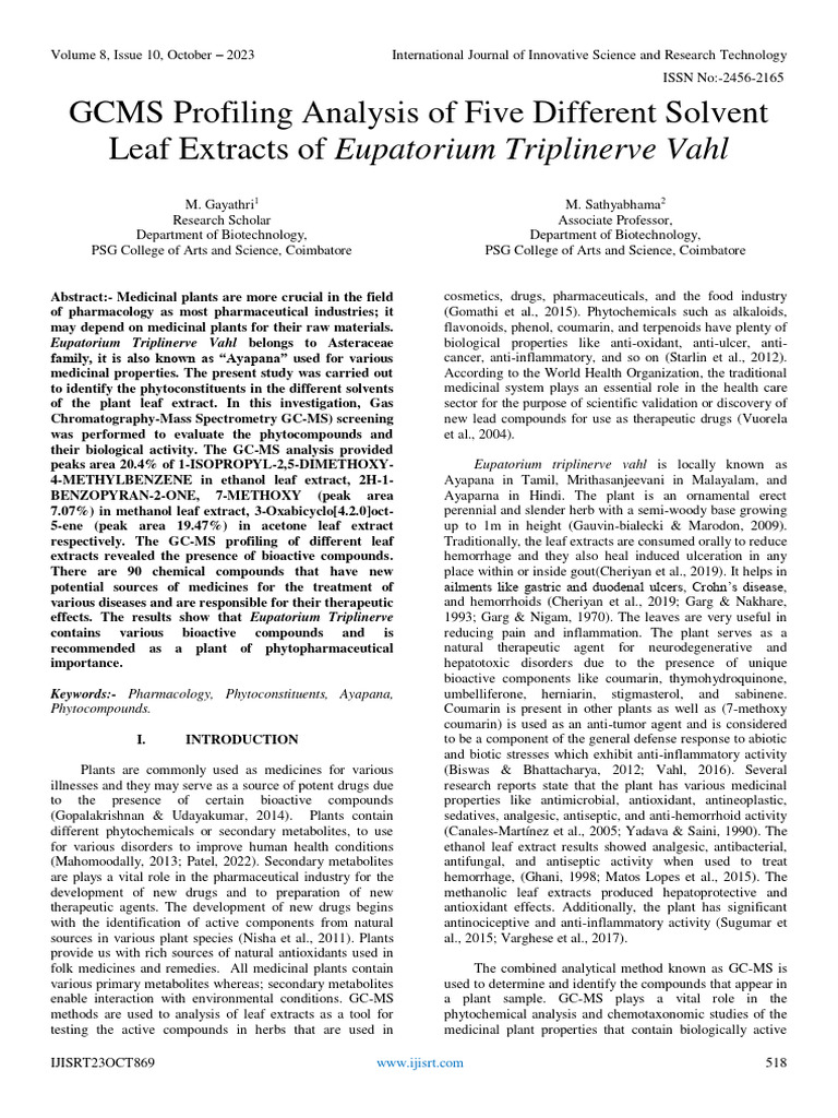 GCMS Profiling Analysis of Five Different Solvent Leaf Extracts of Eupatorium Triplinerve Vahl | PDF