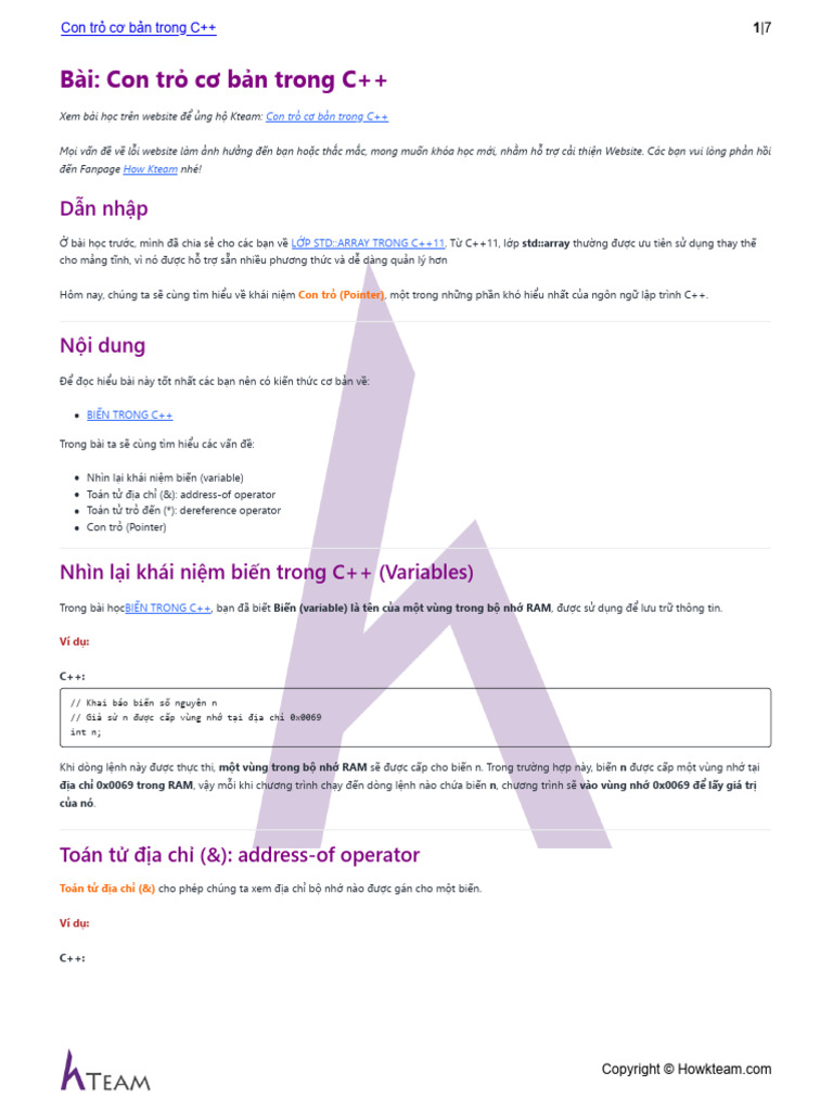 HOWKTEAM.VN - Con trỏ cơ bản trong C++ | PDF