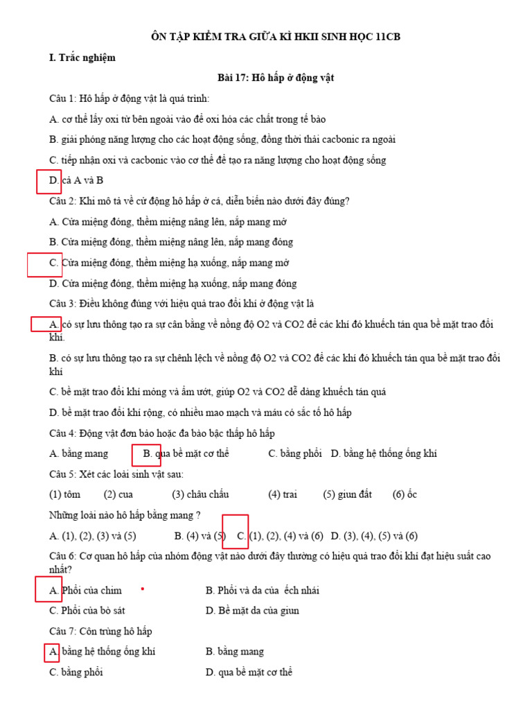 Ôn Tập Kiểm Tra Giữa Kì Hkii Sinh Học 11Cb I. Trắc nghiệm Bài 17: Hô hấp ở động vật | PDF