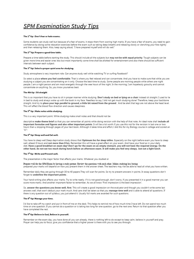 SPM Examination Study Tips | PDF