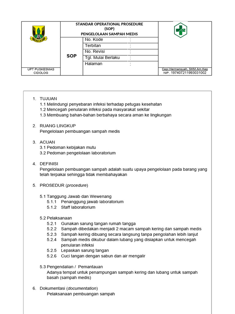 SOP Pengelolaan Sampah Medis | PDF | Kesehatan Holistik