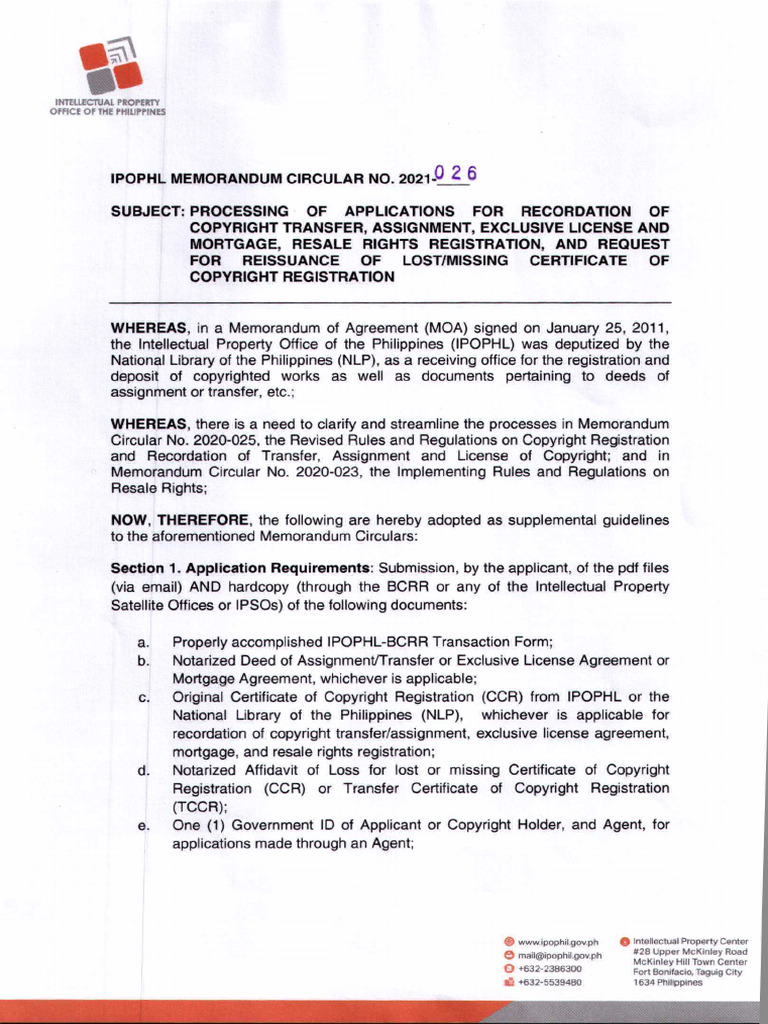 IPOPHL Memorandum Circular No. 2021 - 026 Processing of Applications For Recordation of ...