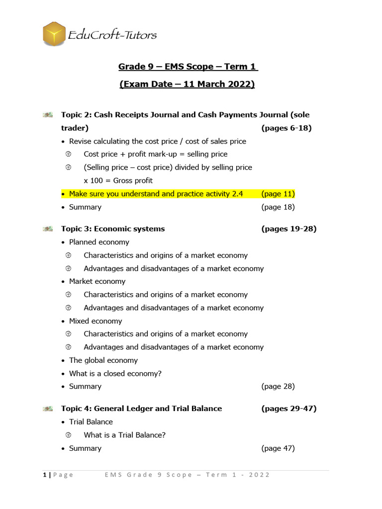 EMS Grade 9 Scope-Term 1 - 2022 | PDF