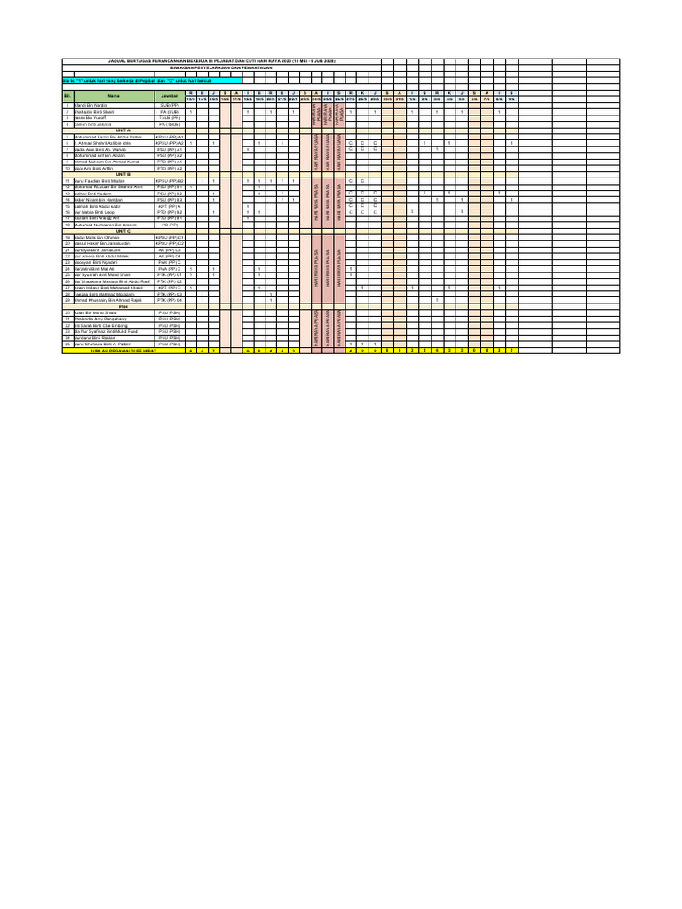 Jadual Bekerja Di Pejabat Dan Cuti Hari Raya BPP 2020 | PDF