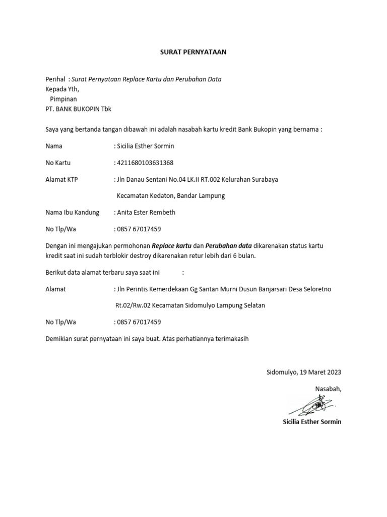 Surat Pernyataan Replace Kartu | PDF