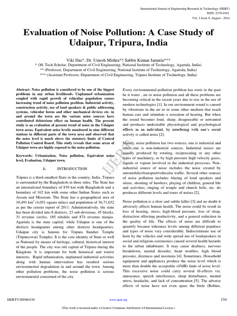 Evaluation of Noise Pollution A Case Study of Udaipur Tripura India ...