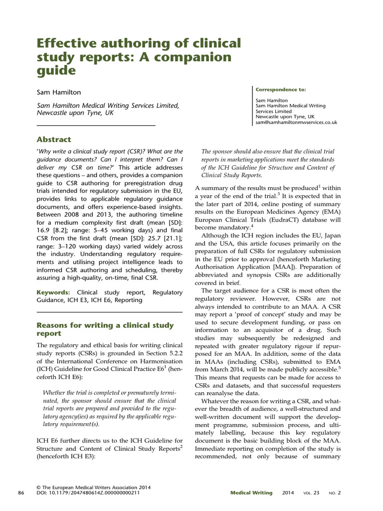2014 - Effective Authoring of Clinical Study Report | PDF