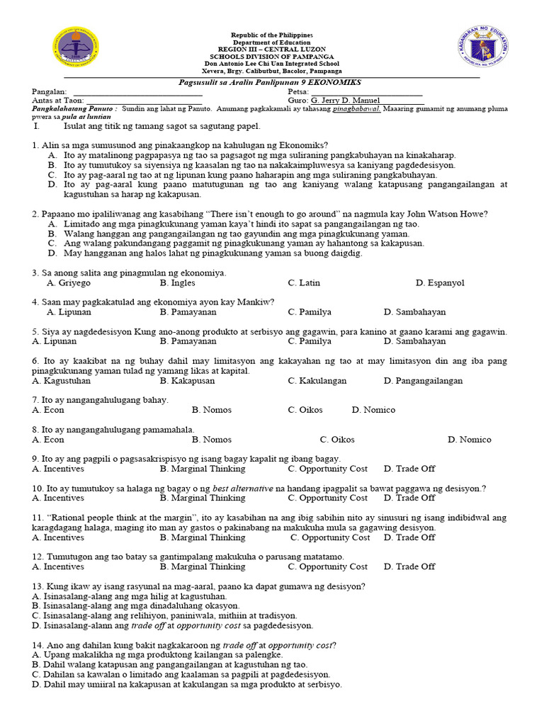 Pagsusulit Sa Aralin Panlipunan 9 - 24 | PDF