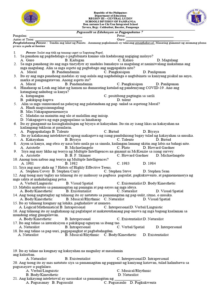 Pagsusulit Sa ESP 7 - 24 | PDF