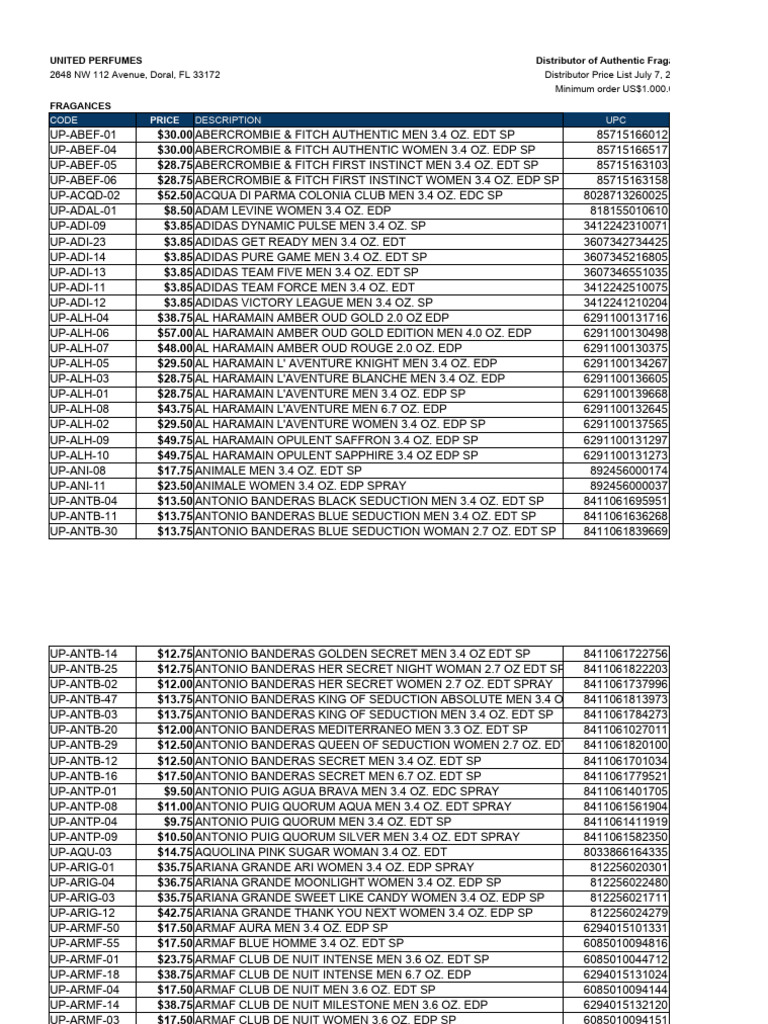 UNITED PERFUMES - Distributor Price List July 7, 2021 Web Download ...