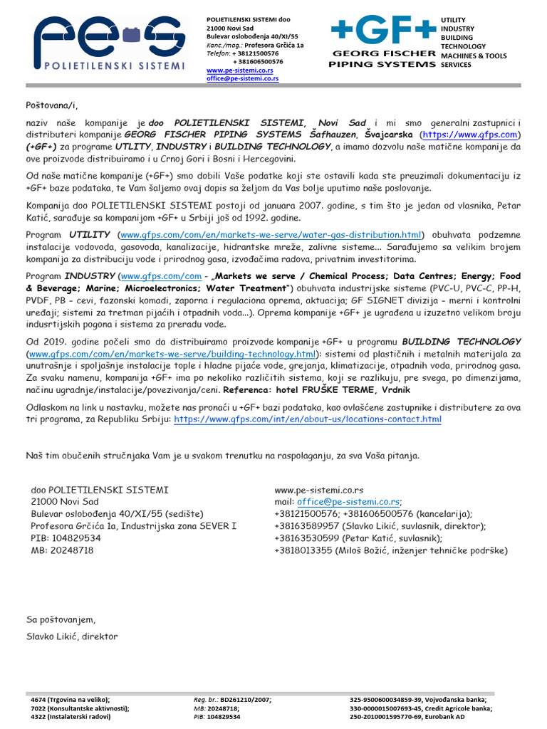 PE-SISTEMI - Opis Poslovanja PE-S - Pregled Proizvodnog Programa GF - 2023 | PDF