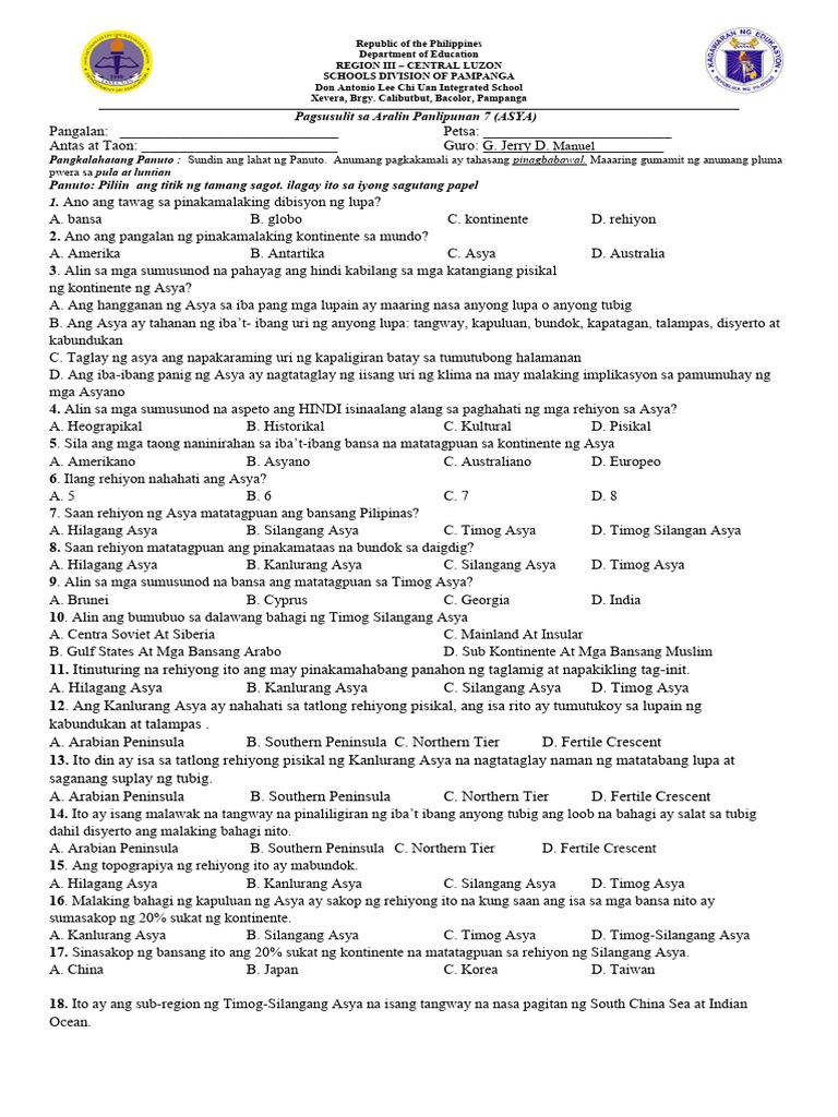 Pagsusulit Sa Aralin Panlipunan 7 Assesment | PDF