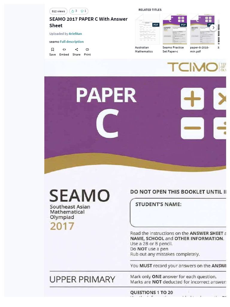 PDF Seamo 2017 Paper C With Answer Sheet Compress | PDF